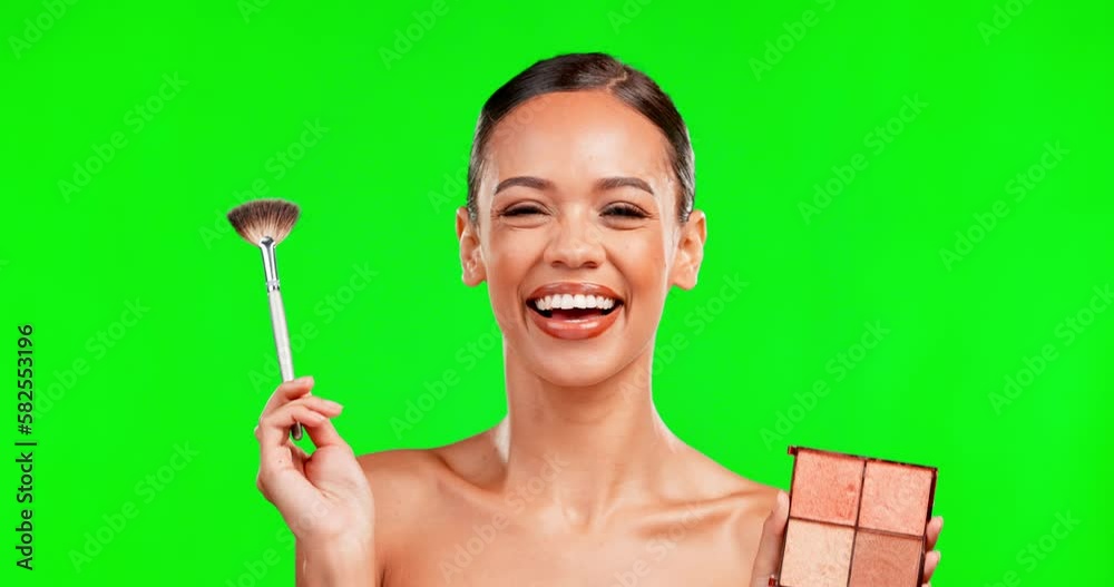 Beauty, makeup and brush for woman portrait on green screen background ...