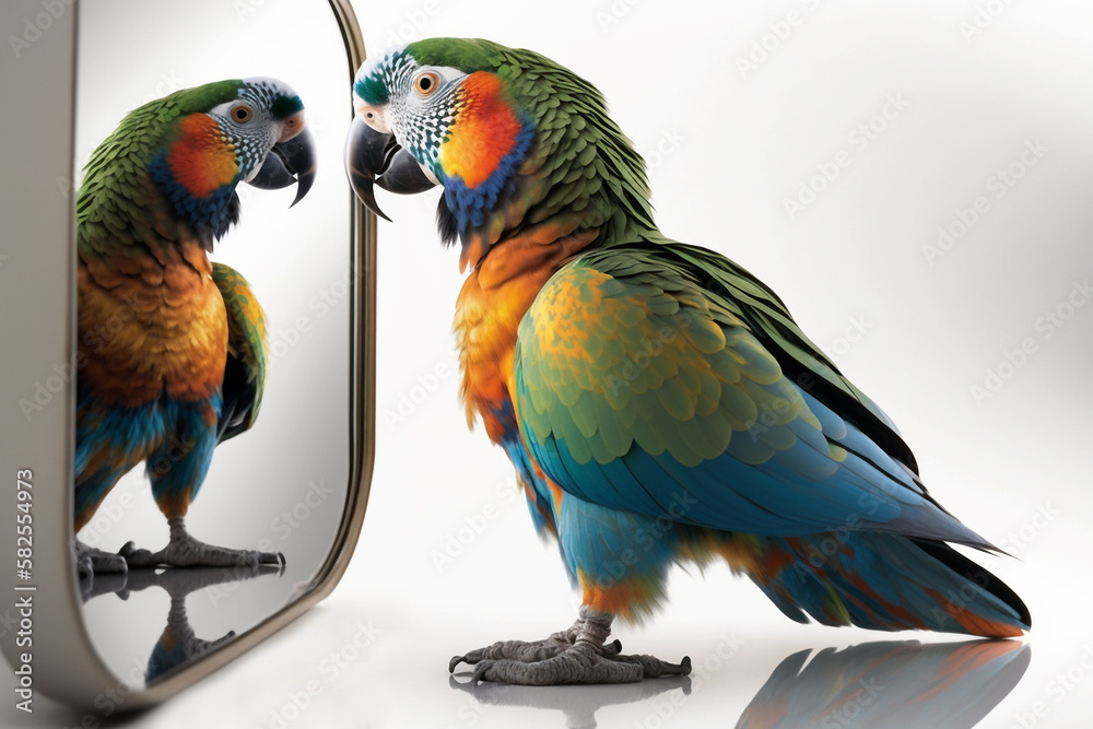 Closeup portrait of a parrot standing in front of a mirror. MSR ...