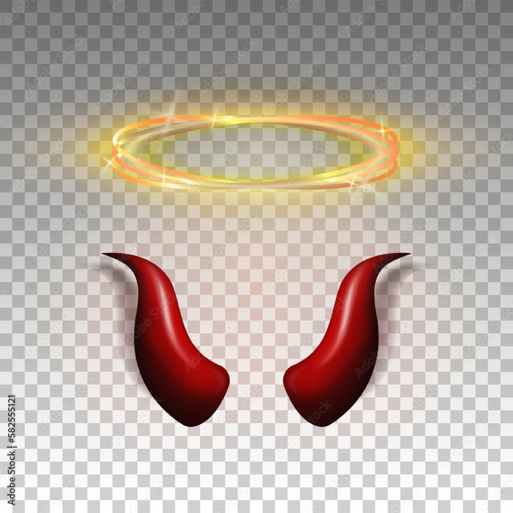Three dimensional shiny golden nimbus and red devil horns. Glossy ...