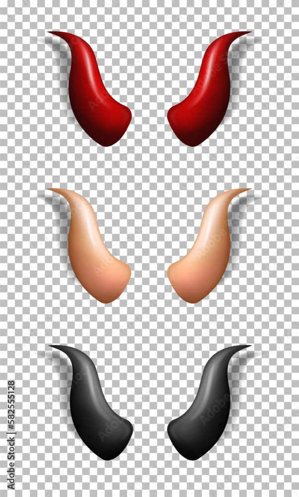 Set of three devil horns. 3D red, beige and black glossy daemon horns ...