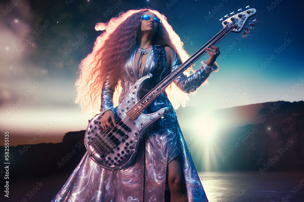 Beautiful rock star woman with electric guitar. Neural network AI ...