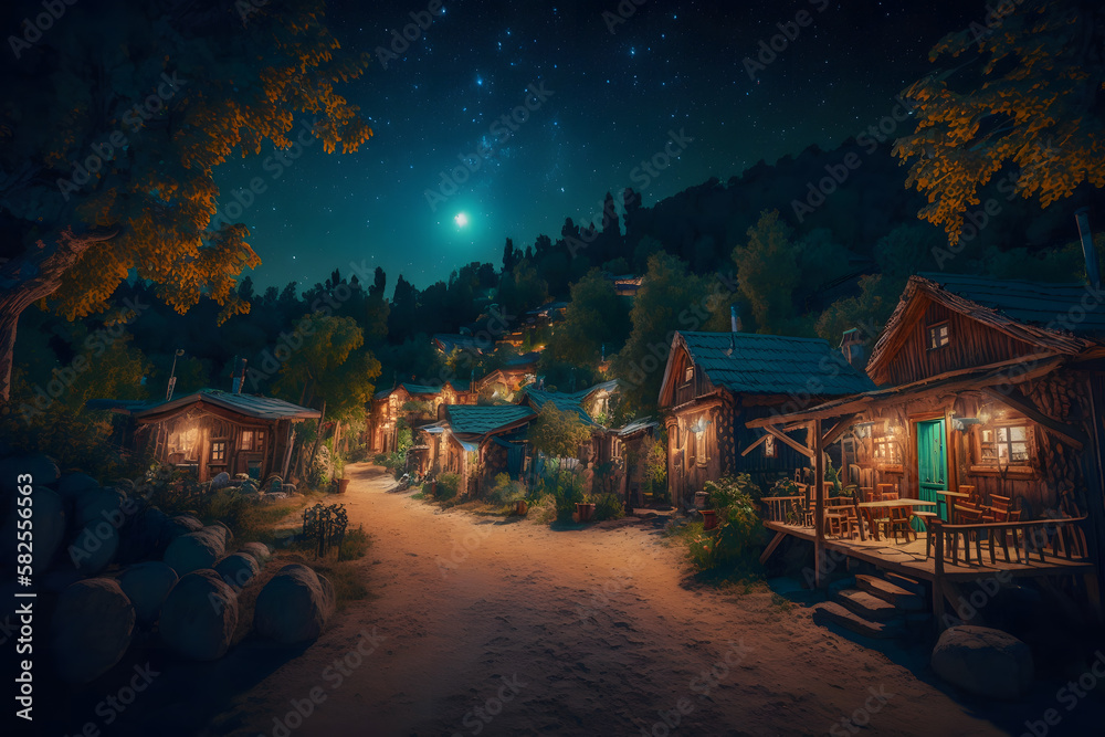 Street view of fantasy fairy tale medieval village. Neural network AI ...