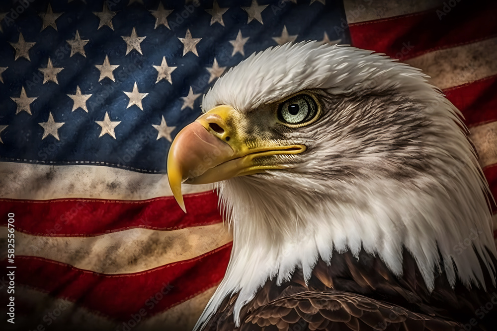 An angry north american bald eagle on american flag. Neural network AI ...