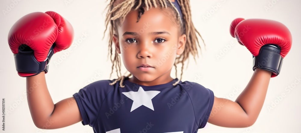 Little black african american boxer girl pulling muscle with boxing ...
