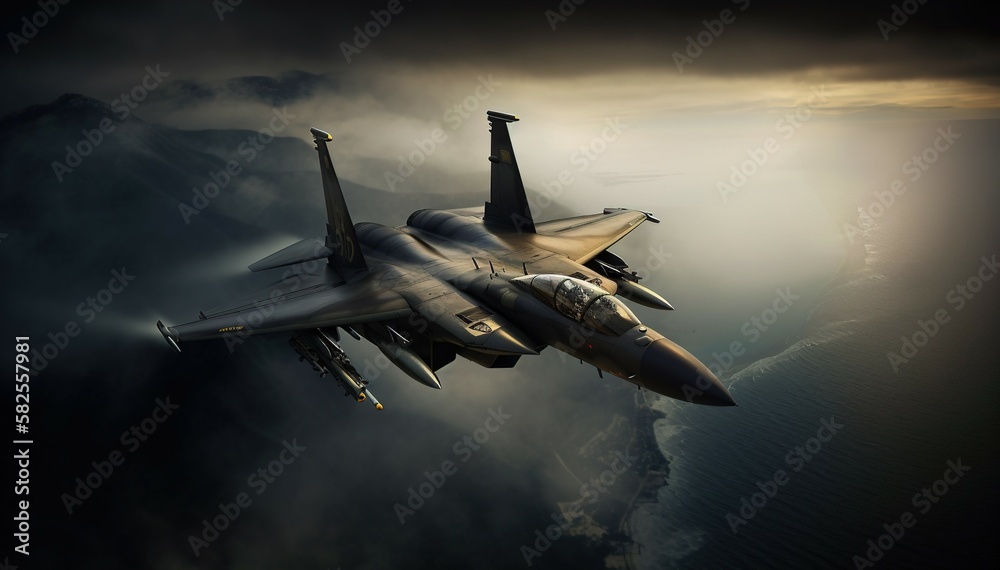 Raptor fighter Close-up shot at night. Raptor fighter jet flying over ...