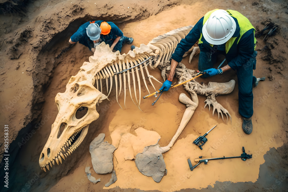 Archaeologist works on an archaeological site with dinosaur skeleton in ...