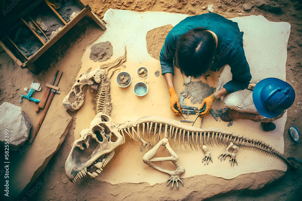 Archaeologist works on an archaeological site with dinosaur skeleton in ...