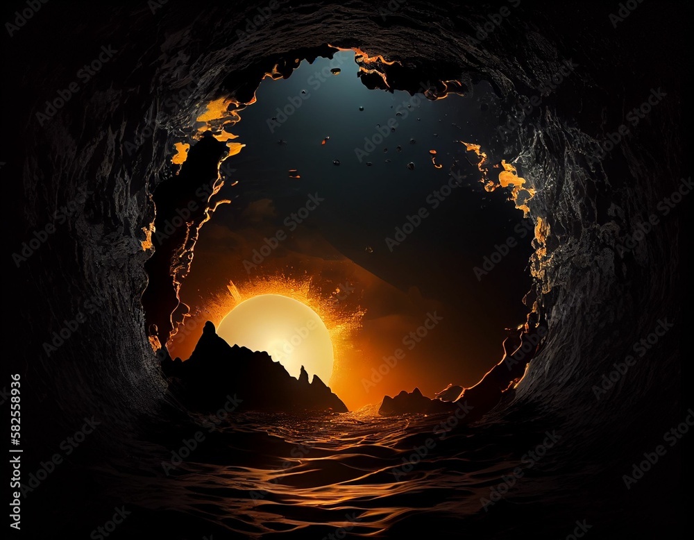 Deep Water Abyss With Orange Sunlight Penetrating The Water. Generative ...
