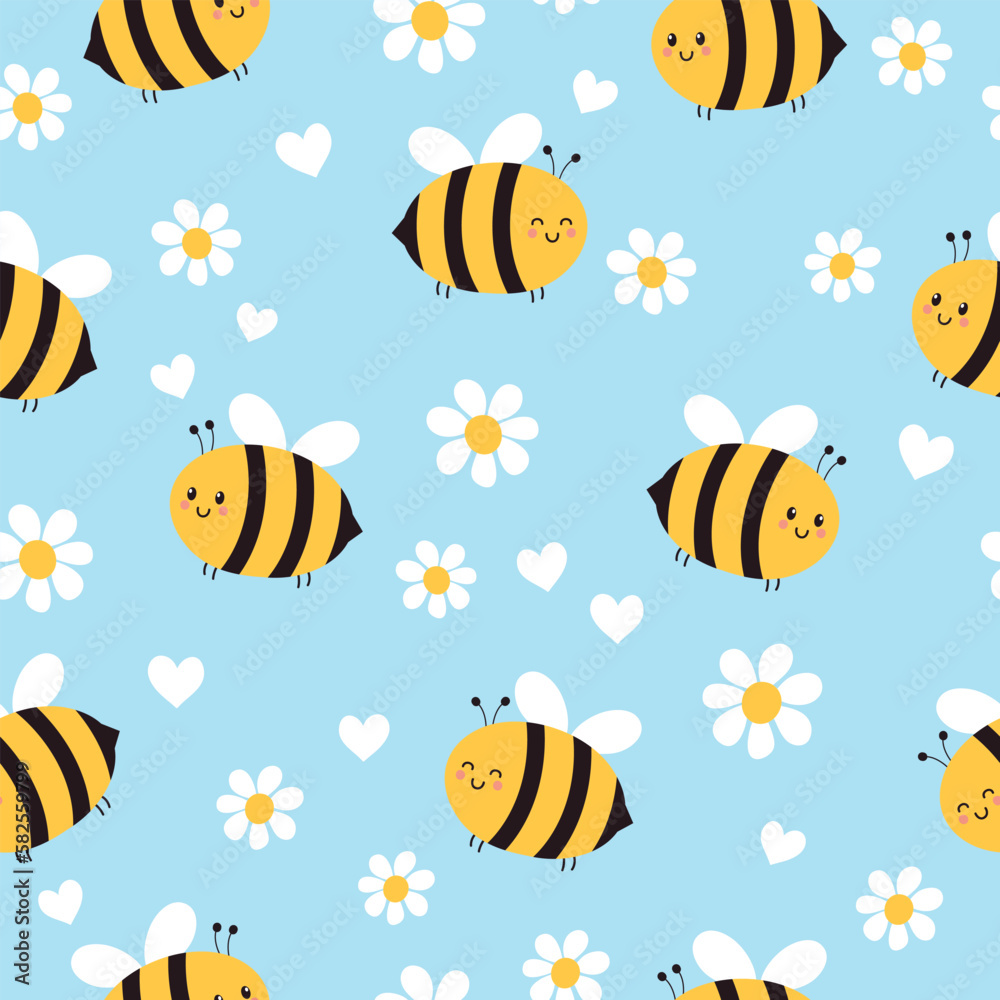 Cute bee and daisy seamless pattern. Summer or spring cartoon ...
