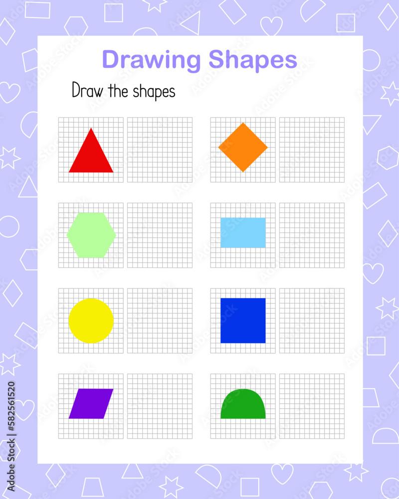 Drawing geometry shapes printable educational worksheet colorful vector ...