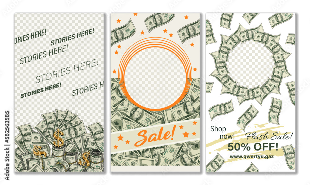 Set of templates for social media story with circle frames, 100 US ...