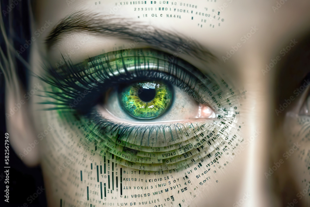 Retina scanner presented using green eyes. Cybersecurity procedures for ...