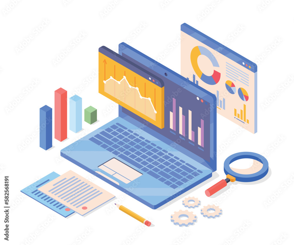 Data analysis concept. Notebook with graphs, diagrams and charts and ...
