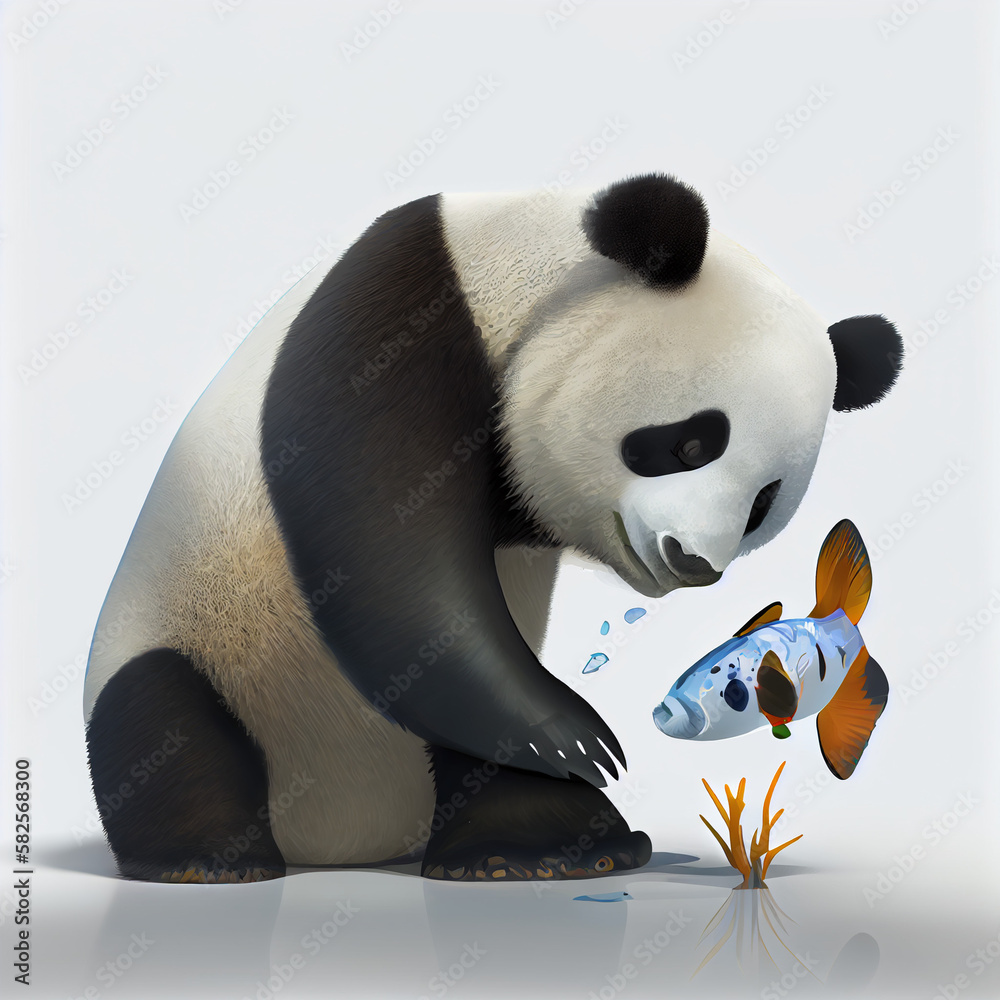 panda with a fish white background hd upscale Stock Illustration ...