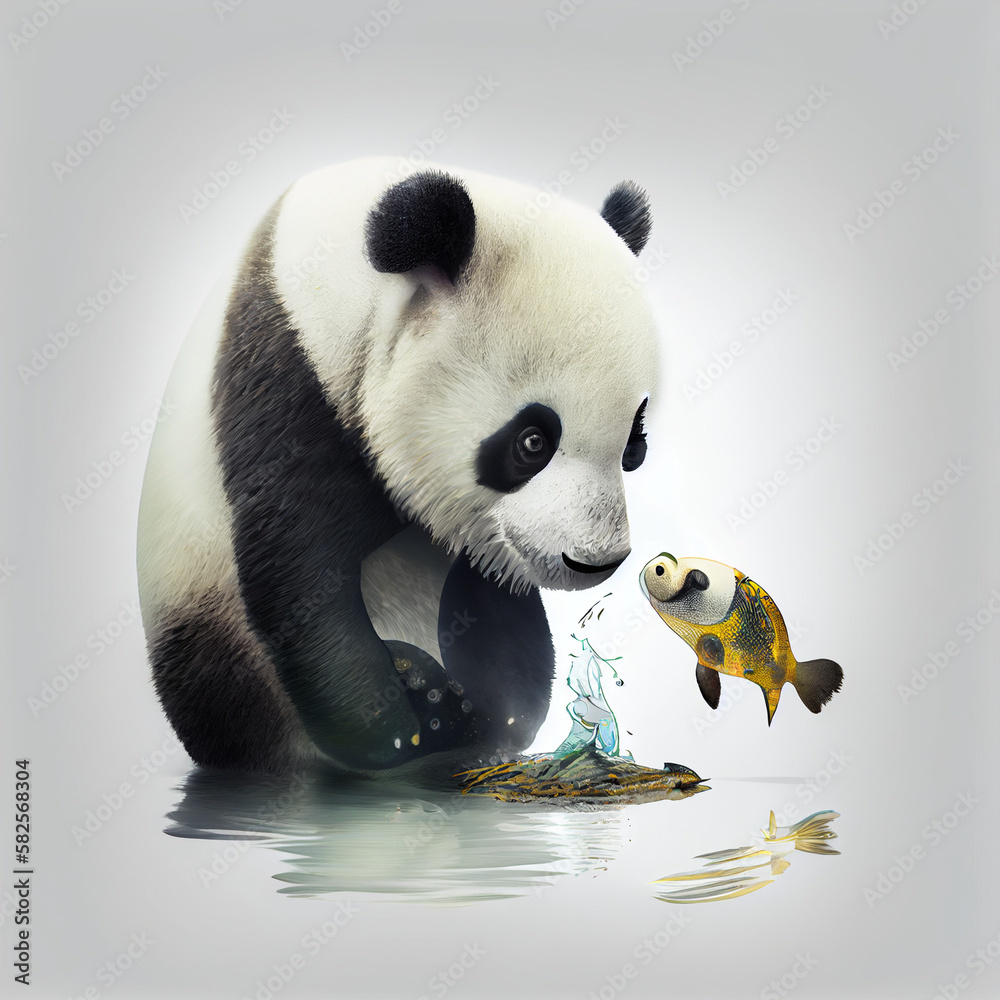panda with a fish white background hd upscale Stock Illustration ...