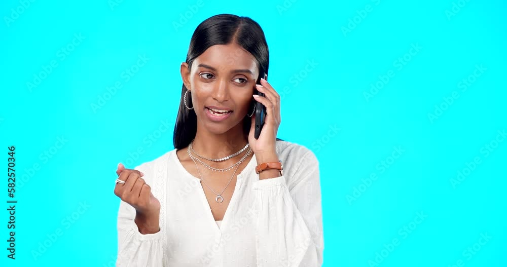 Phone call, business woman and studio with a Indian female talking ...