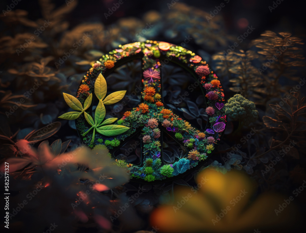 Peace symbol made by floral elements created with Generative AI ...