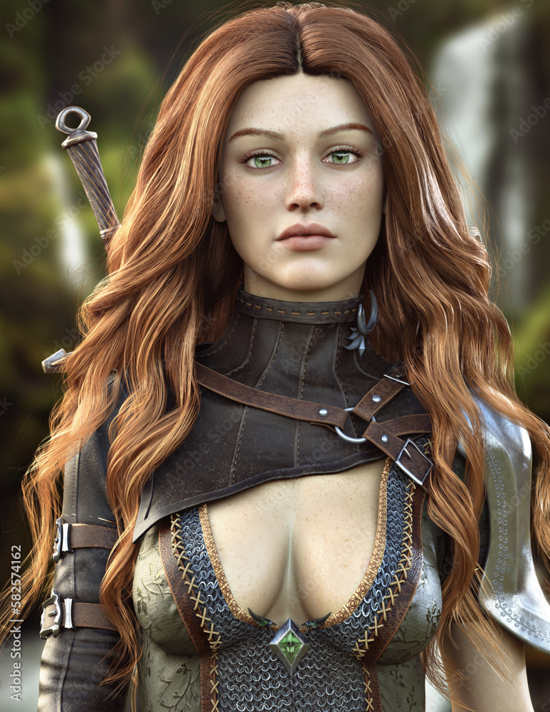 Poster Portrait of a fantasy female woodland elf ranger, wearing leather armor and equipped with ...