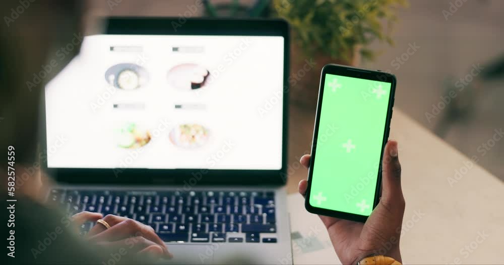 Laptop, green screen and phone in hands for food delivery order ...