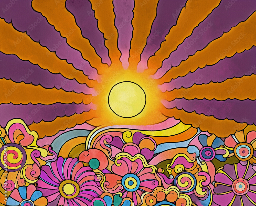 A groovy 1960s-style illustration with a sunset, rainbows, and flowers ...