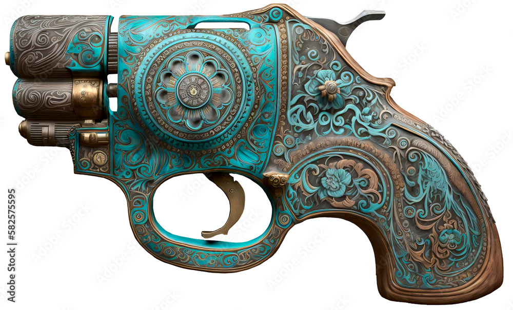 Vintage pistol with turquoise ornamental decor. AI generated ...