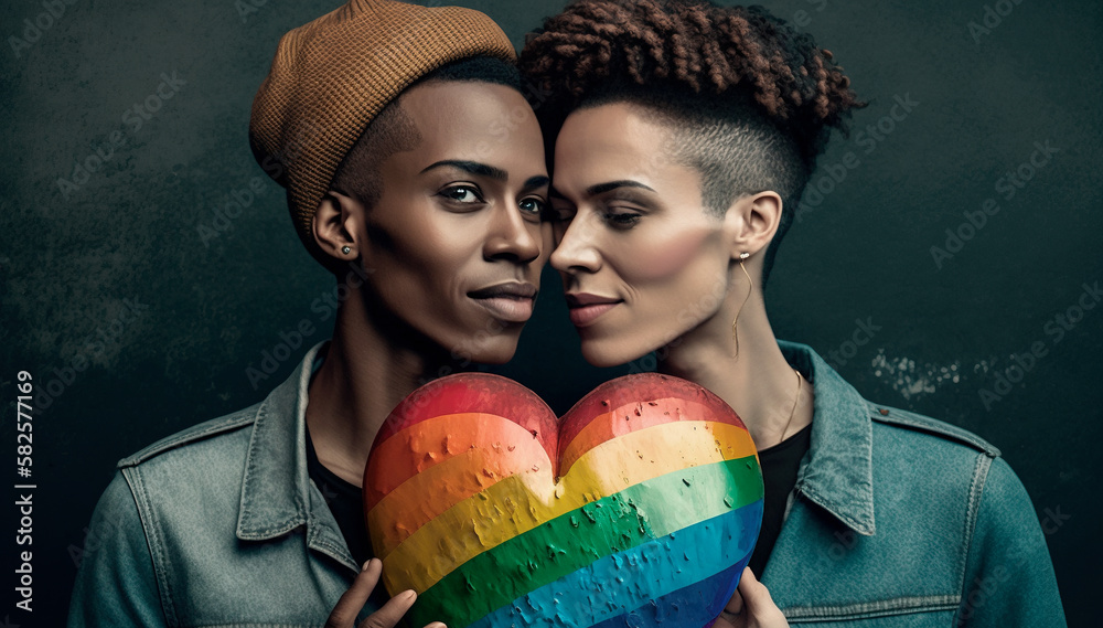 Affectionate young multiethnic lesbian couple proudly displaying a ...