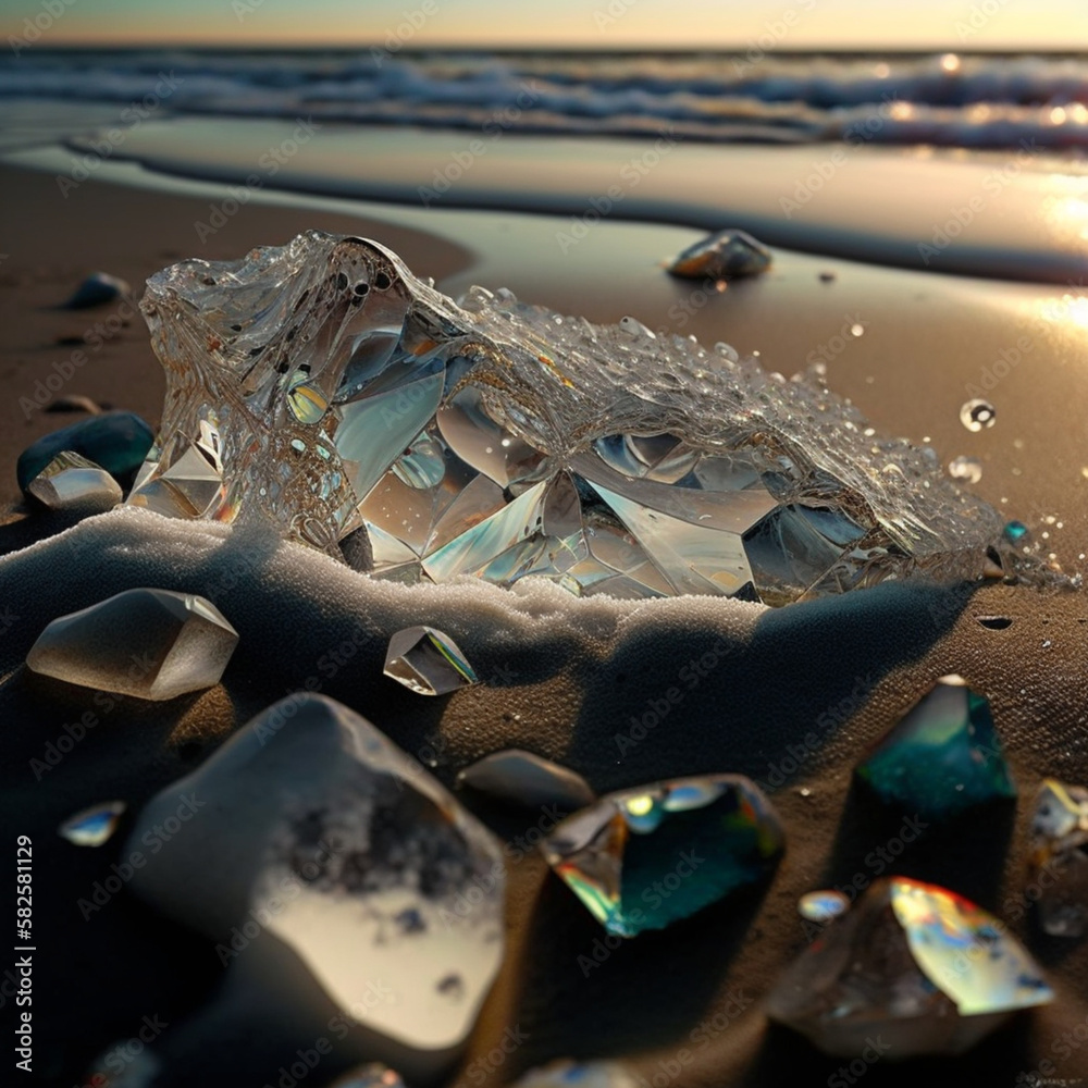 Ilustracja Stock: sparkling diamonds on a crystalline sand beach dawn ...