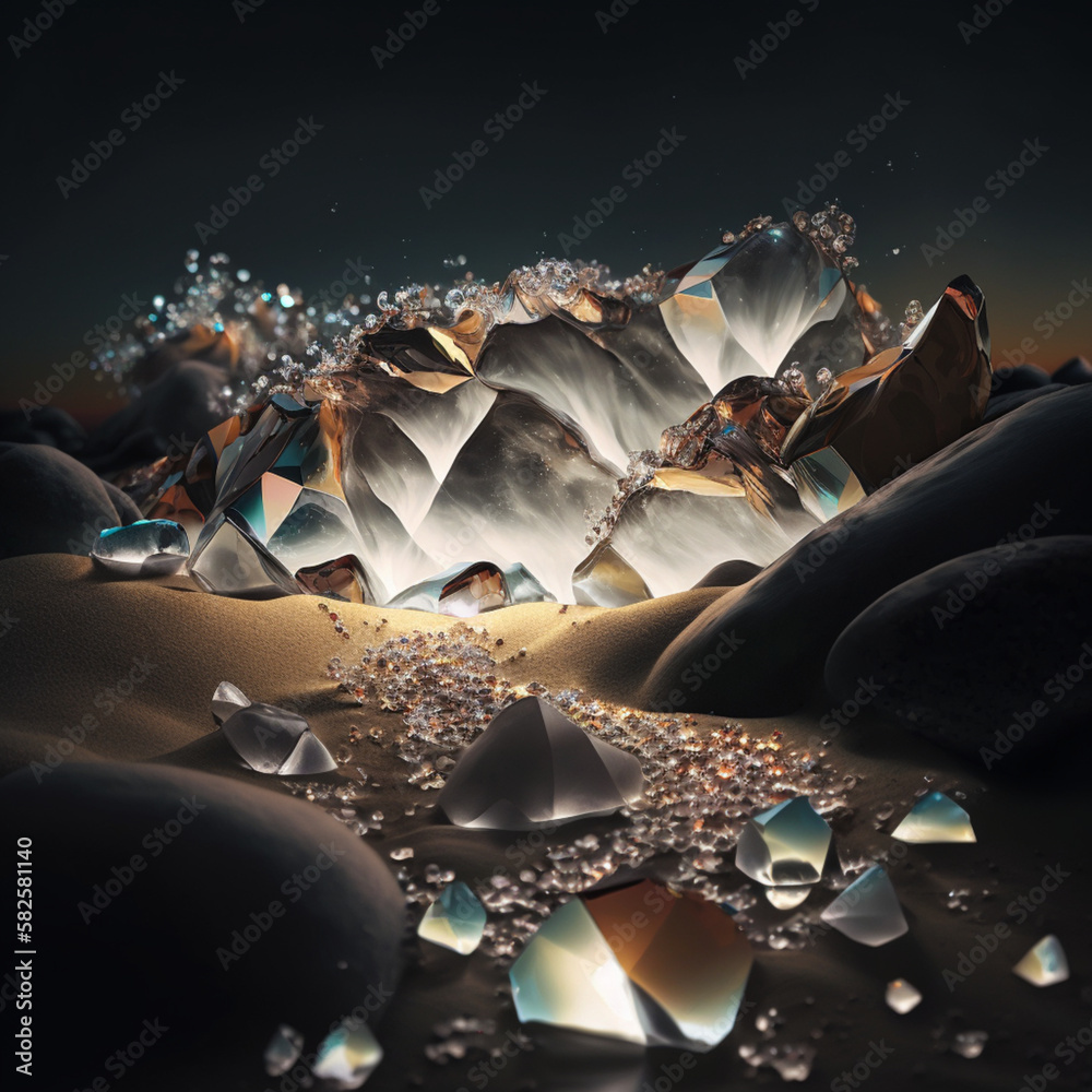 sparkling diamonds on a crystalline sand beach dawn in high resolution ...