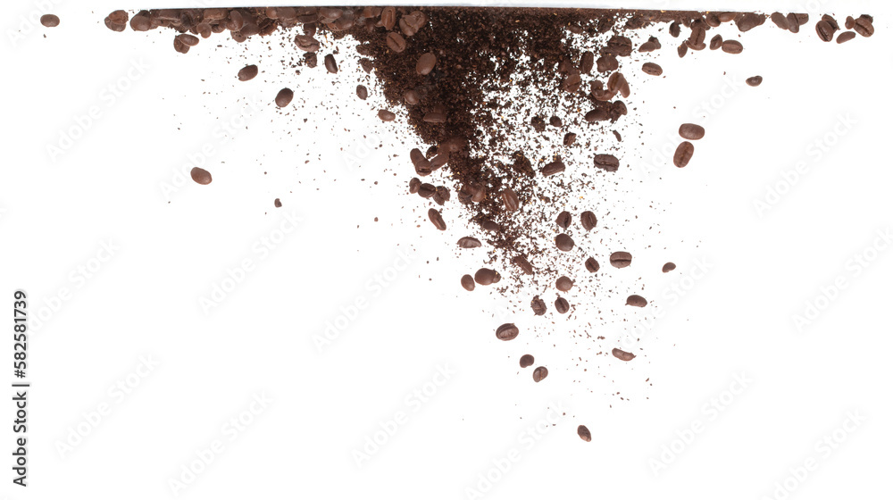 Coffee powder mix bean fly explosion, Coffee crushed mix seed float explode, abstract cloud fly ...