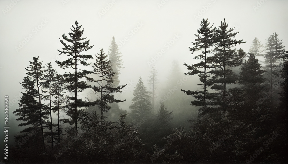 dark tree tops in heavy morning fog landscape, forest background ...