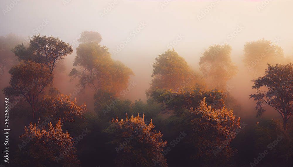 dark tree tops in heavy morning fog landscape, forest background ...
