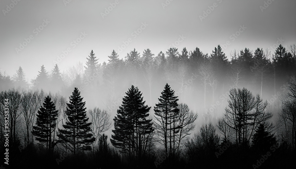 dark tree tops in heavy morning fog landscape, forest background ...