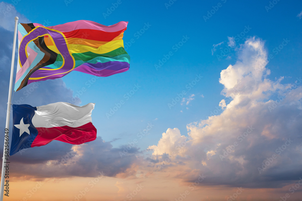 large Inclusive Progressive lgbt Pride flag and flag of Texas state ...