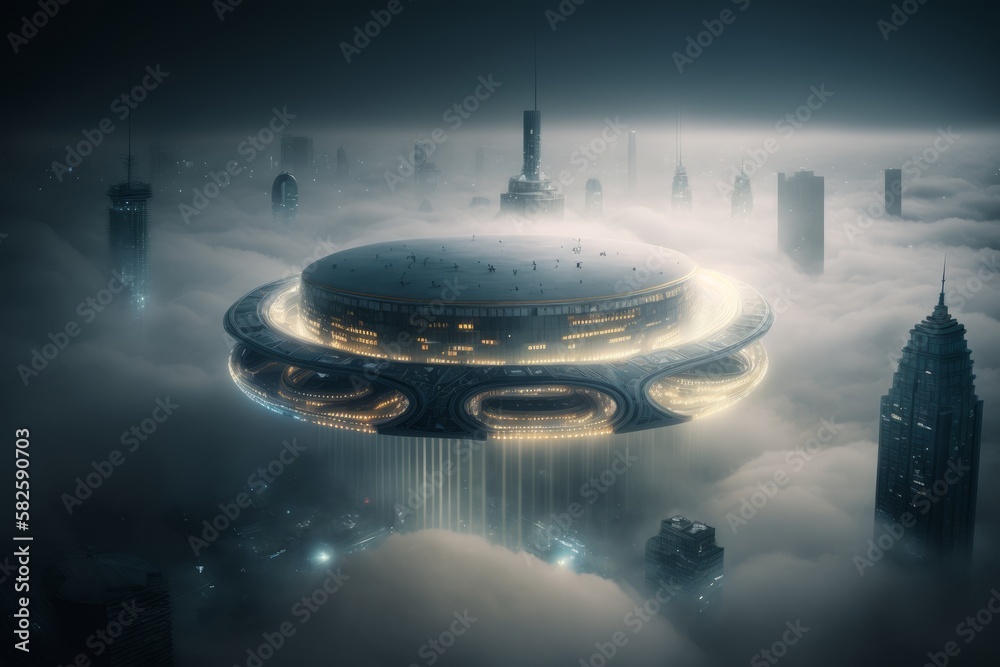 Floating ethereal platform above cinematic cityscape captured with ...