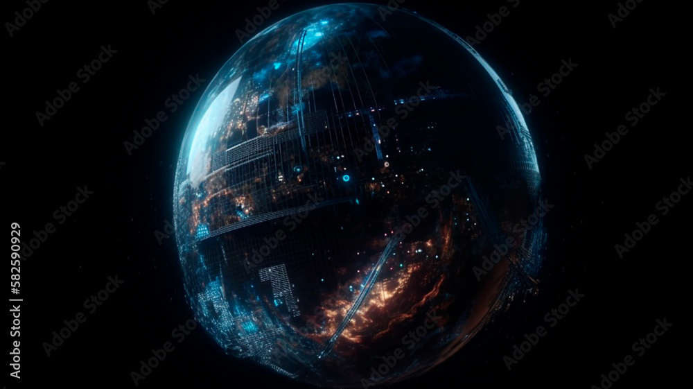 Digital dystopian globe, future, viewed from space, in the solar system ...