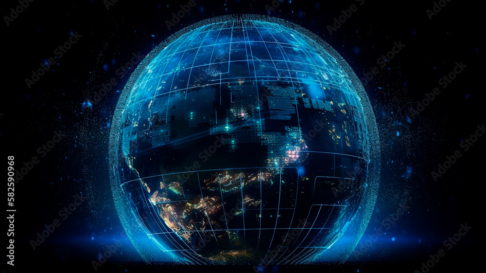 Digital dystopian globe, future, viewed from space, in the solar system ...