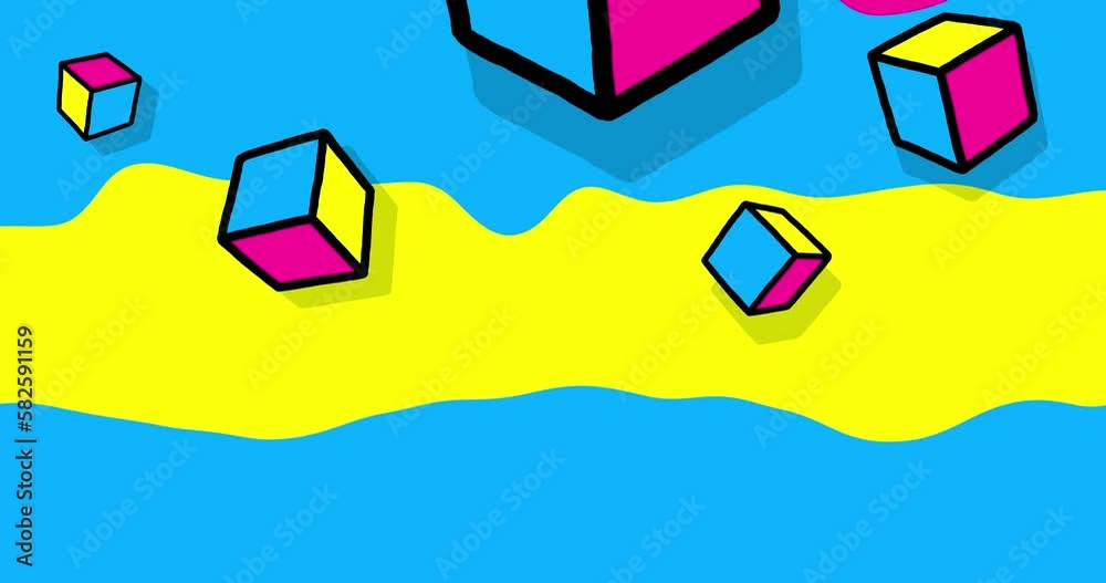Wipe liquid transition with a few cubes cartoon CMYK. Linear doodle ...