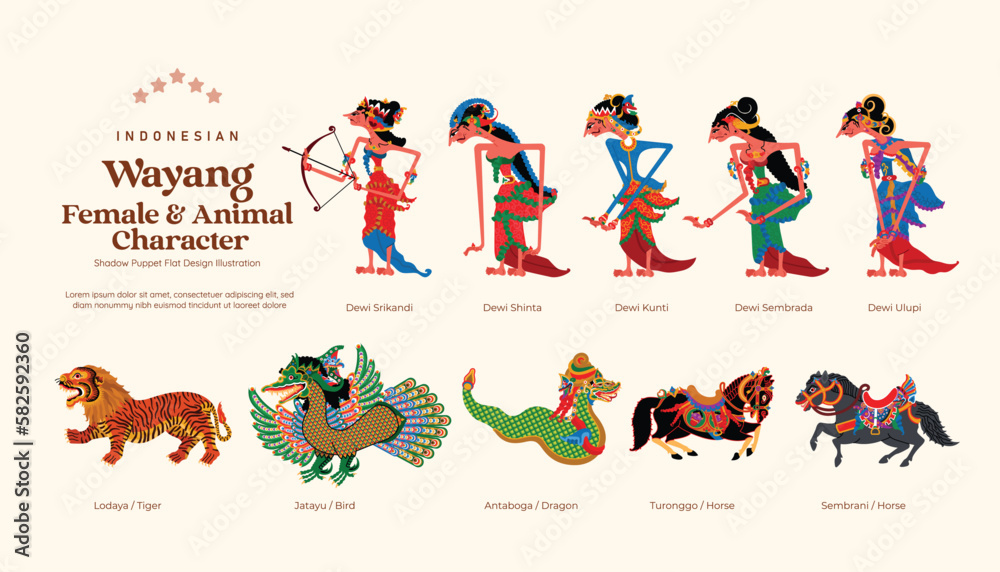 Isolated Set of Indonesian wayang female and animal character flat ...