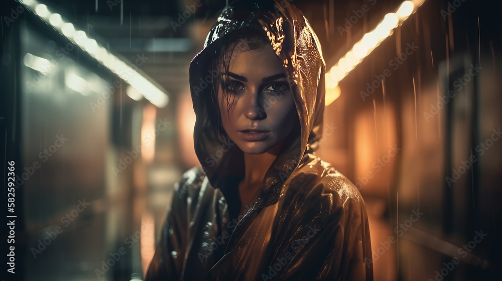 Young girl stands in the rain with a rain jacket - made with Generative ...