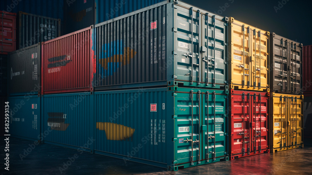 Shipping containers side by side and stacked with fictitious symbols ...