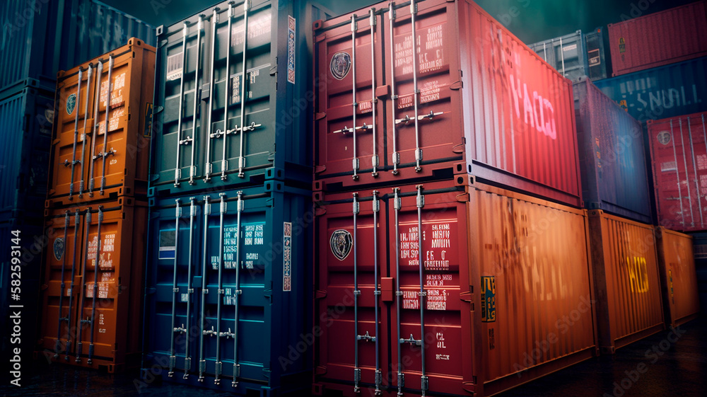 Shipping containers side by side and stacked with fictitious symbols ...