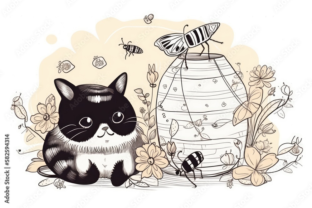 drawing a cute cat and a beehive. Front view of the camera shows a ...