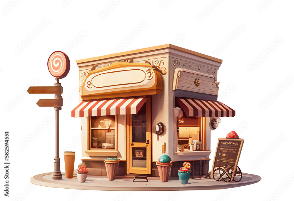 3D coffee shop building facade with shop front view Market or ...