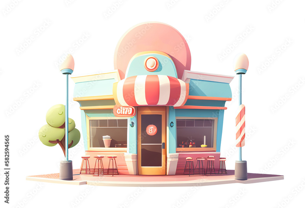 3D Restaurant building facade with Baking store, cafe, bread, pastry ...