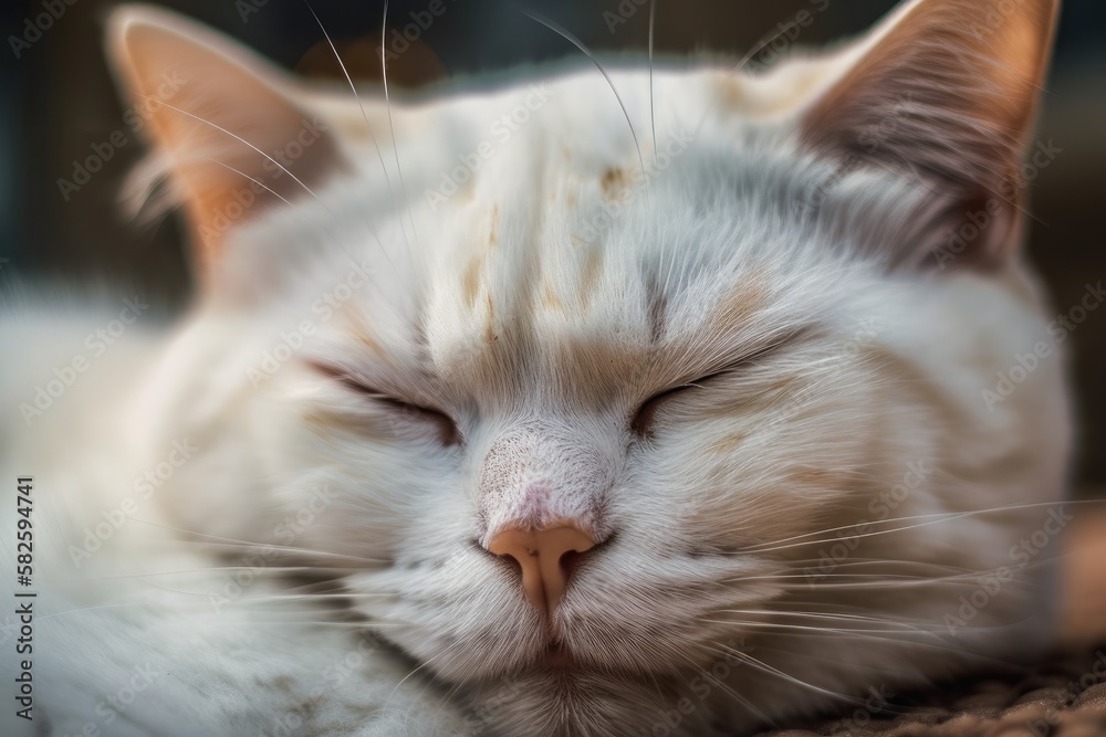 A sleeping plump white British cat with long, dazzling white whiskers ...