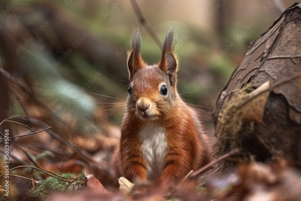 A red squirrel is depicted in detail in its natural habitat. Red ...