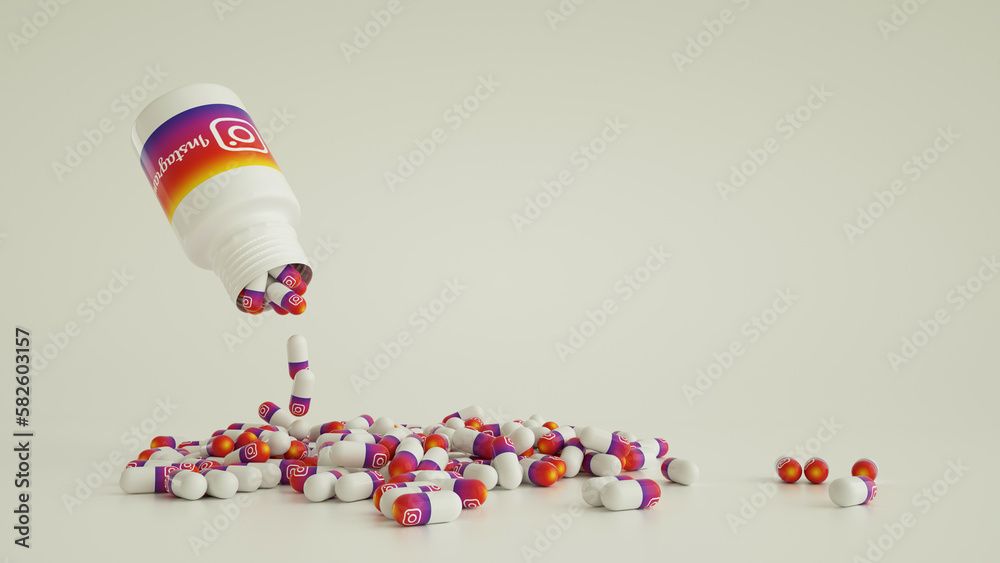 3D rendering of Instagram logo as drug pills pouring out from a white ...