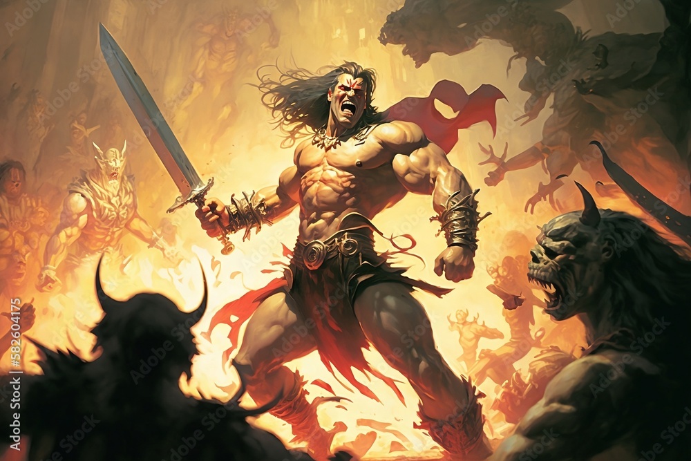 Fierce Frazetta-inspired Superhero Battling Demons with Blazing Sword ...