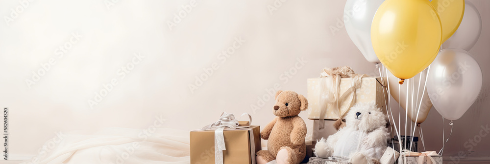 Toys and gifts for baby shower or baby bedroom, banner on neutral ...