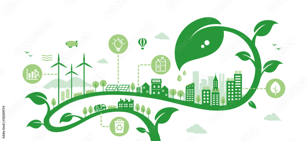 Vetor de Green eco city vector illustration ( SDGs, ecology concept ... Vetor de Green eco city vector illustration ( SDGs, ecology concept ...